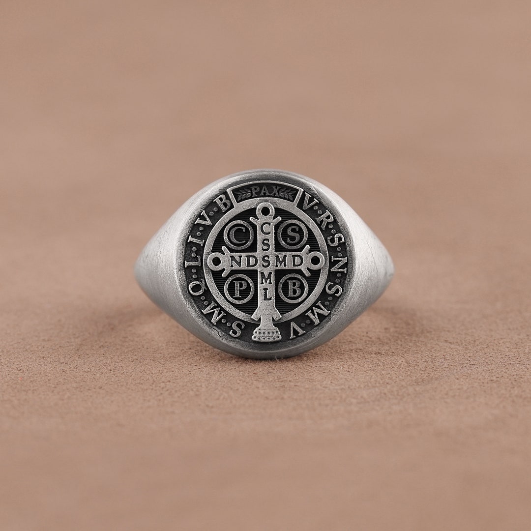 Saint Benedict Medallion Cross Pinky Ring, St Benedict of Nursia Symbol ...