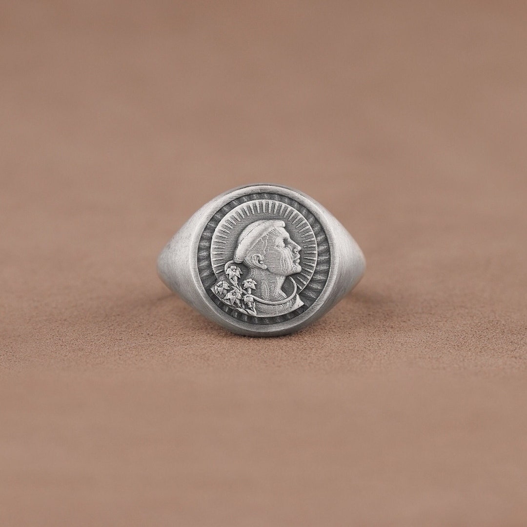 St Anthony of Padua and White Lilies Signet Ring, Handmade 925 Sterling ...