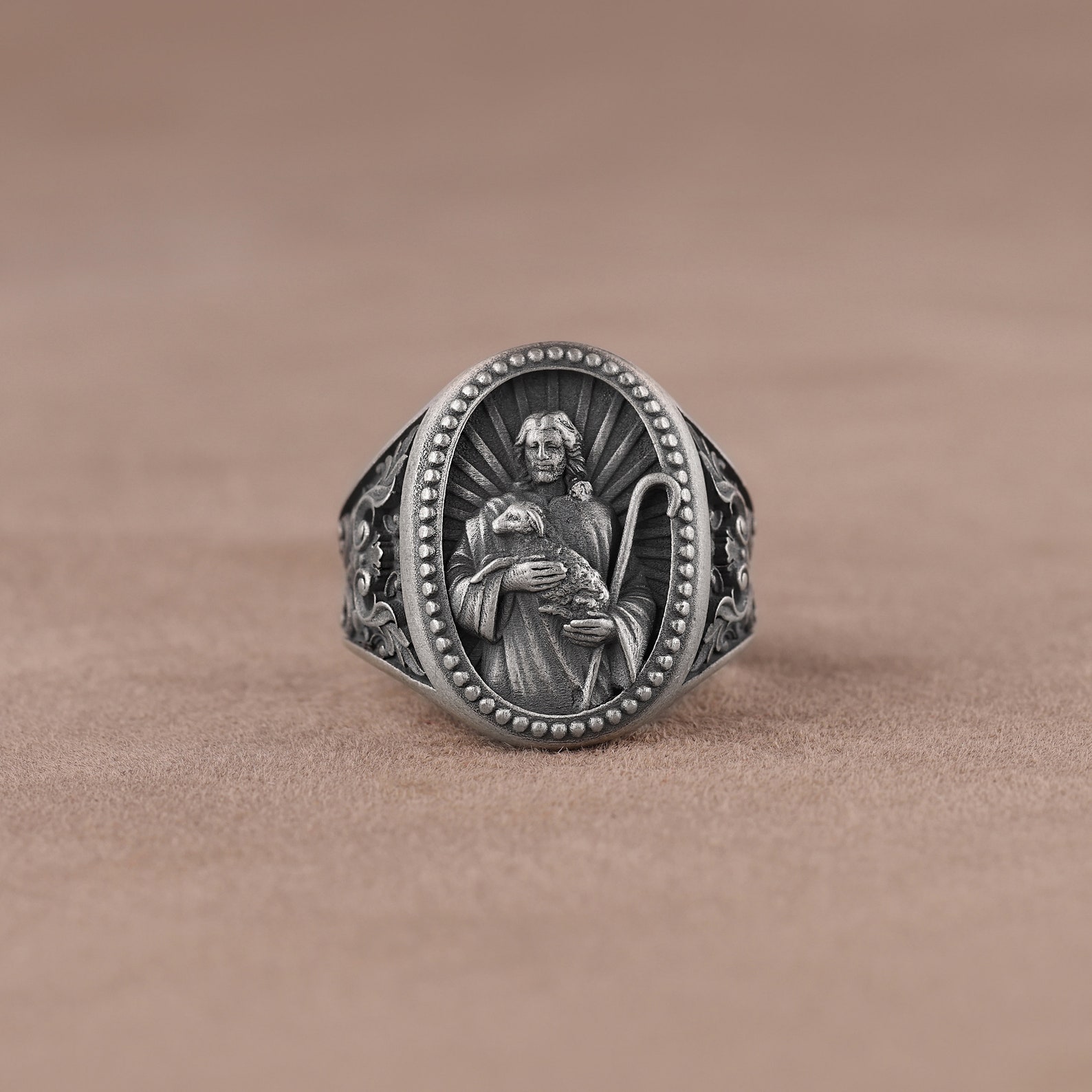 Jesus Christ Holding Lamb Ring, Shepherd Jesus With Lamb, Mens ...