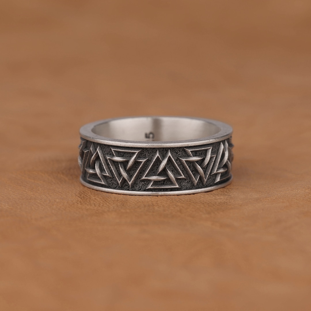Handmade Engraved Viking Symbol Valknut Ring, 925 Sterling Silver ...