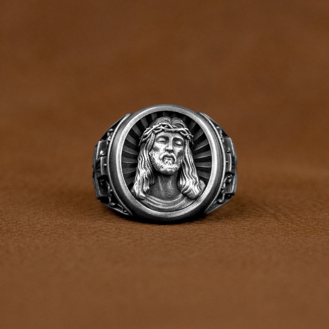 Crucifixion Jesus Silver Men Ring, Sterling Silver Crucifixion Jesus ...