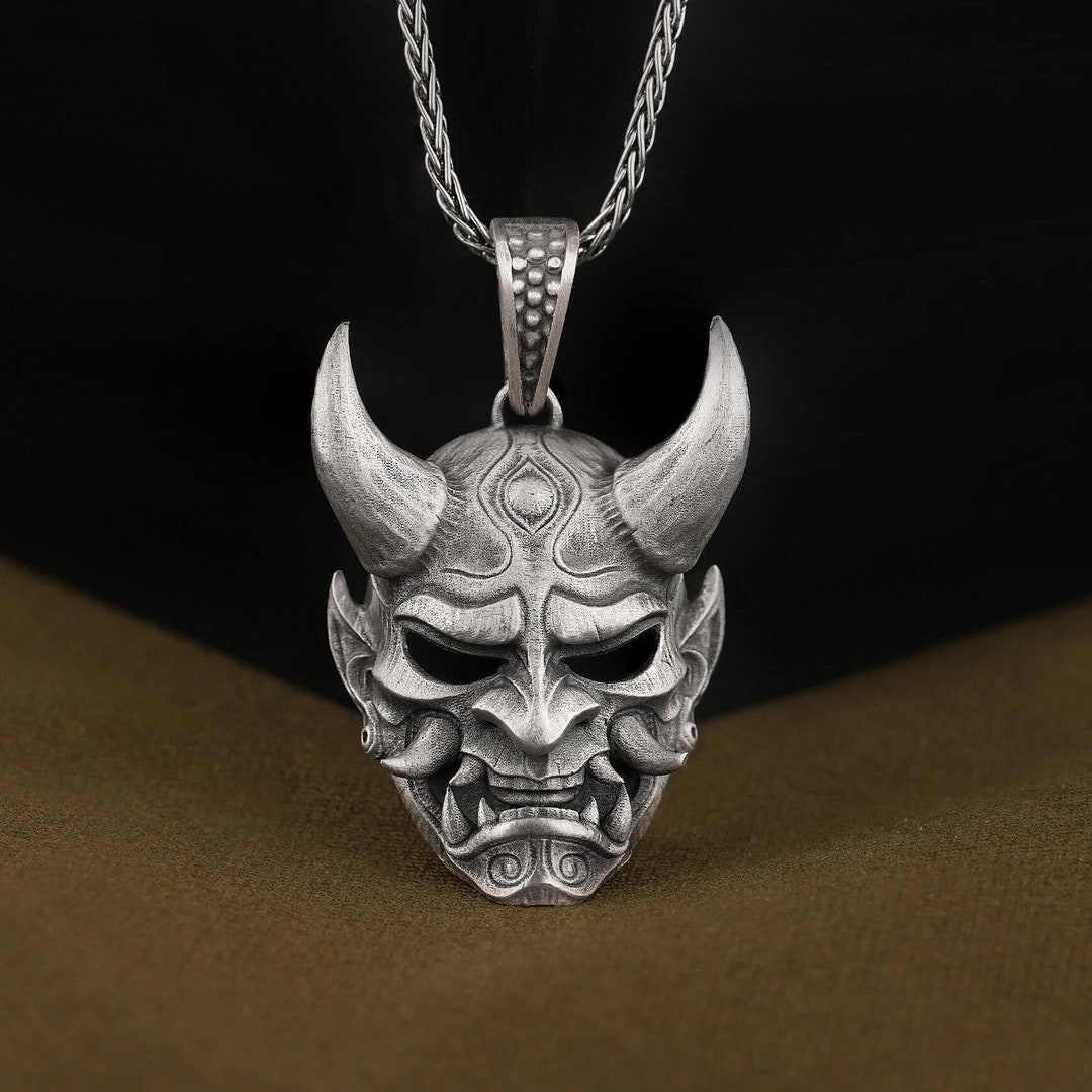 Japanese Hannya Oni Mask Biker Necklace, 925 Sterling Silver Unique ...