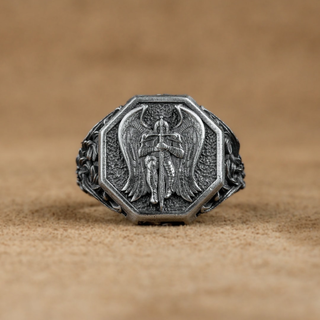 Archangel Saint Michael Silver Ring, Christian Angel With Cross Ring ...