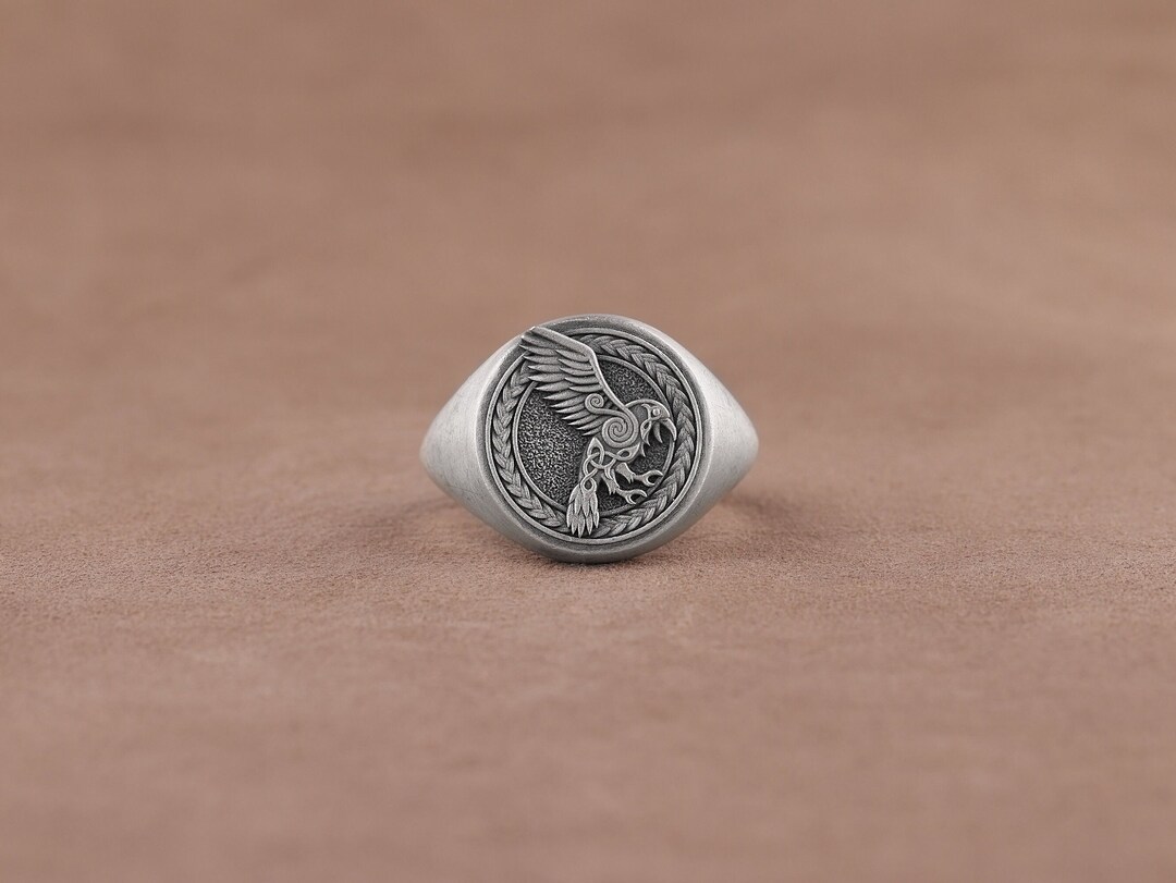 Odin's Raven of Prophecy Signet Ring, Celtic Knot Art Motif Pinky Ring, Handmade 925 Sterling ...