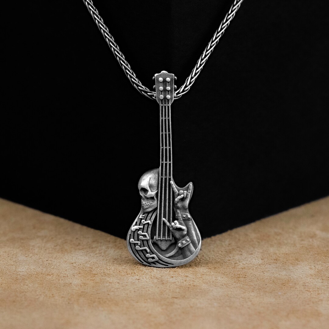Guitar Pendant, Unique Guitar With Guitarist Silver Men Necklace, Rock ...