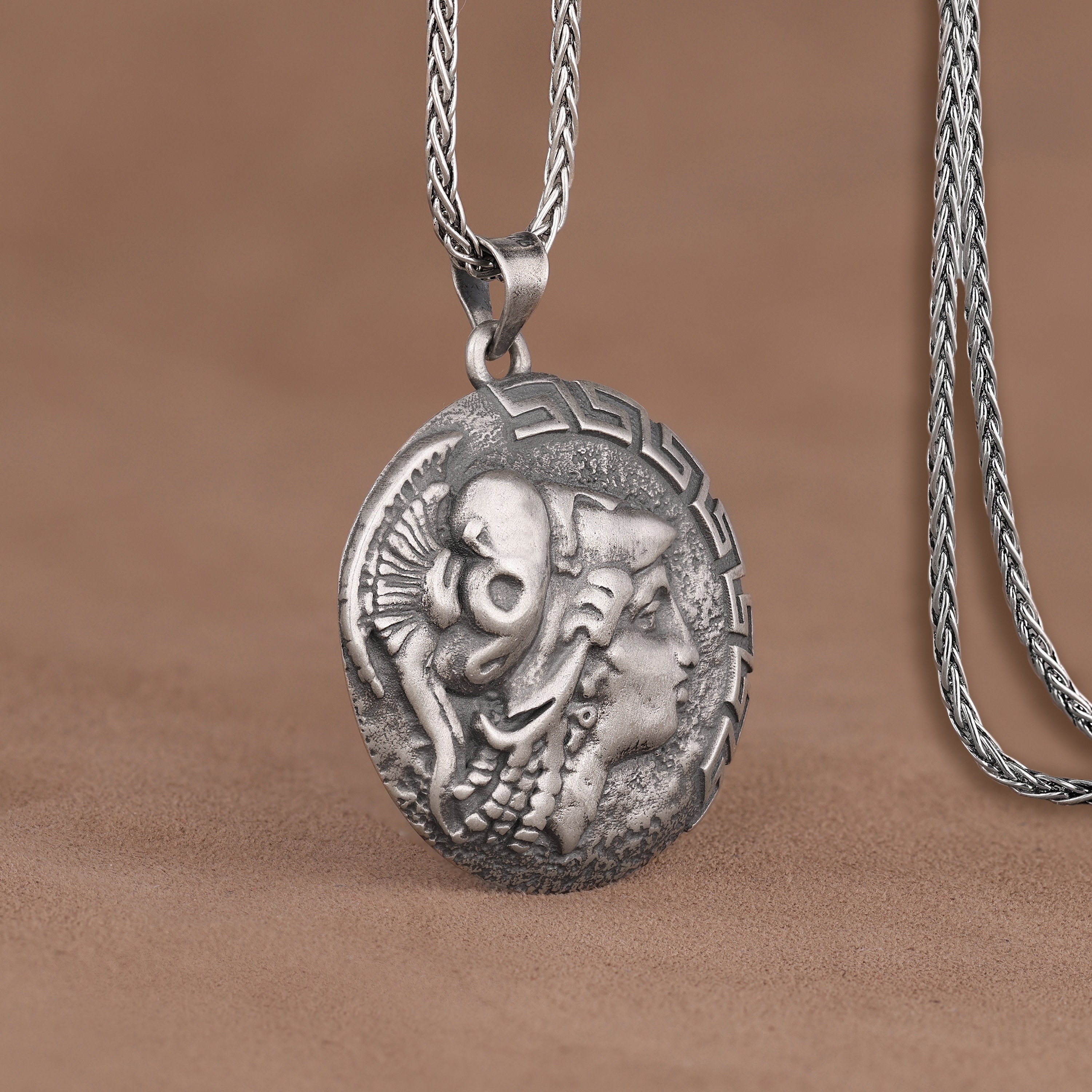 925 Sterling Silver Greek Goddess Athena Medallion, Meander Pattern ...