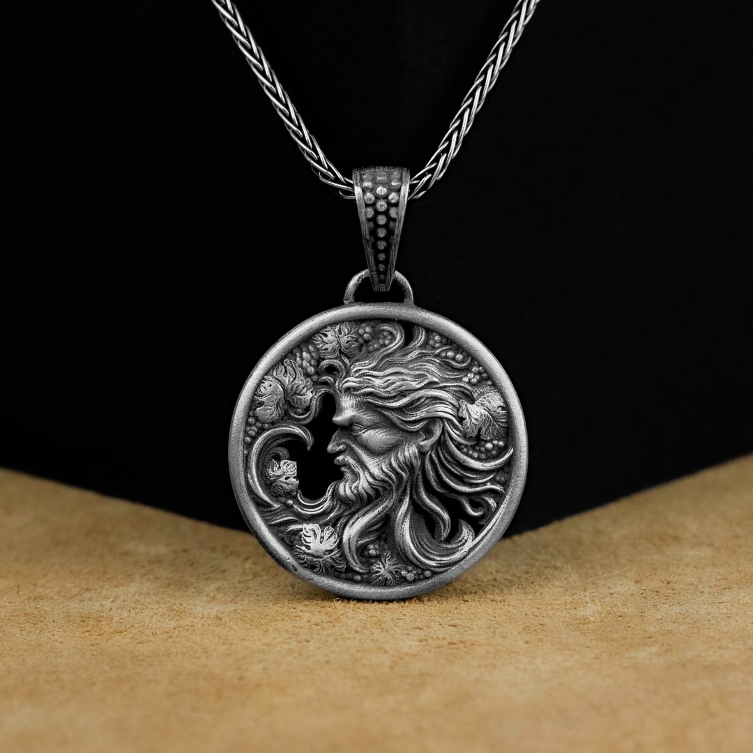Botanical Silver Pendant, Bacchus God of Winemaking Silver Men Necklace ...