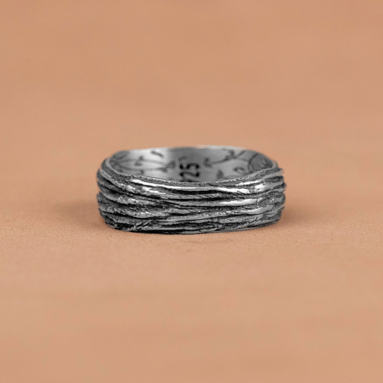Rock Texture Minimalist Band Ring, Meteor Engraved Pattern Silver Ring ...