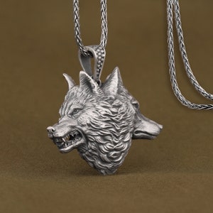 925 Sterling Silver Twin Wolf Heads Necklace, Nordic Wolves Pendant ...