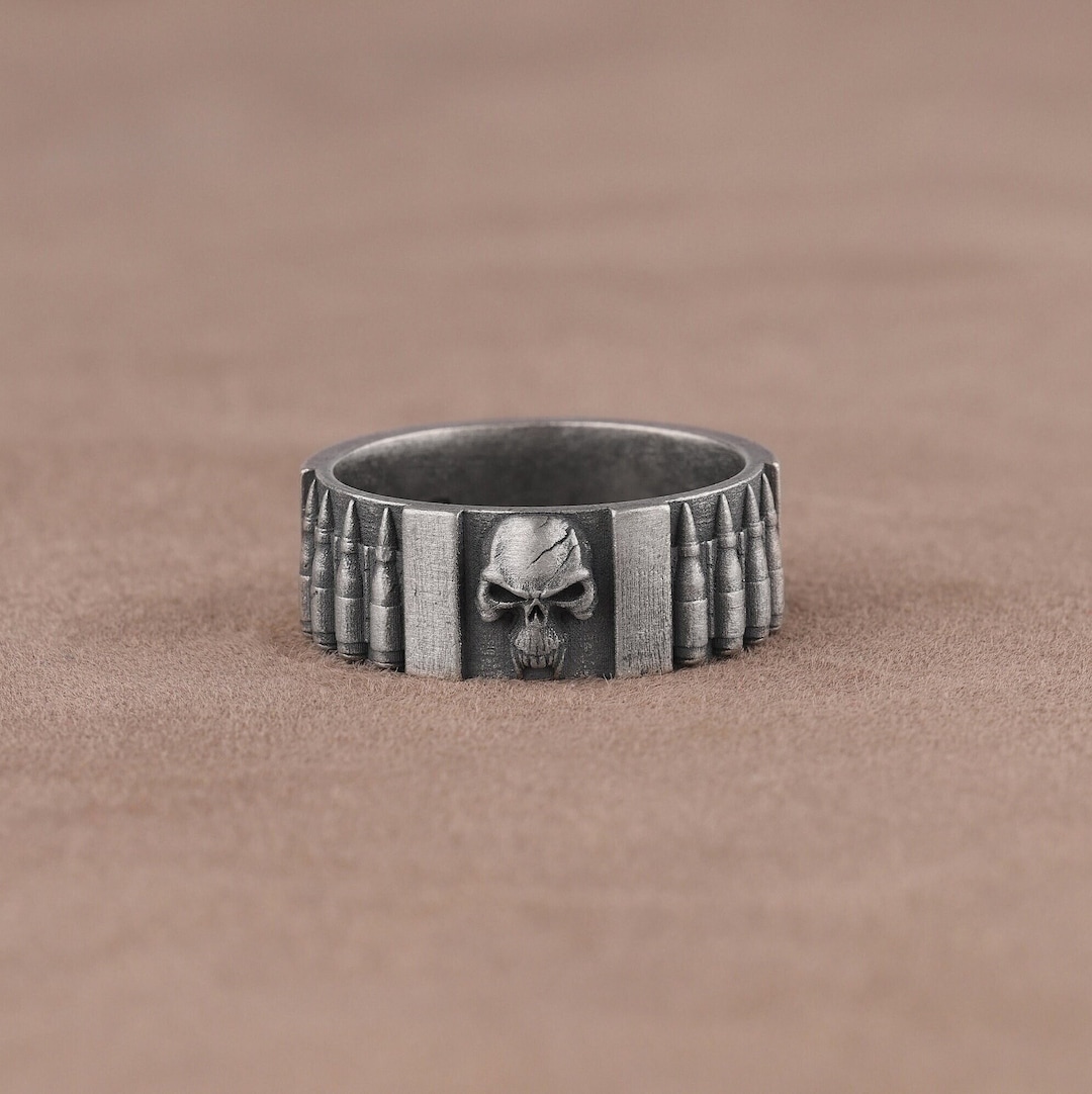 Skull Punisher Ring, Gothic Fan Art Bandolier Ring, Oxidized Silver ...