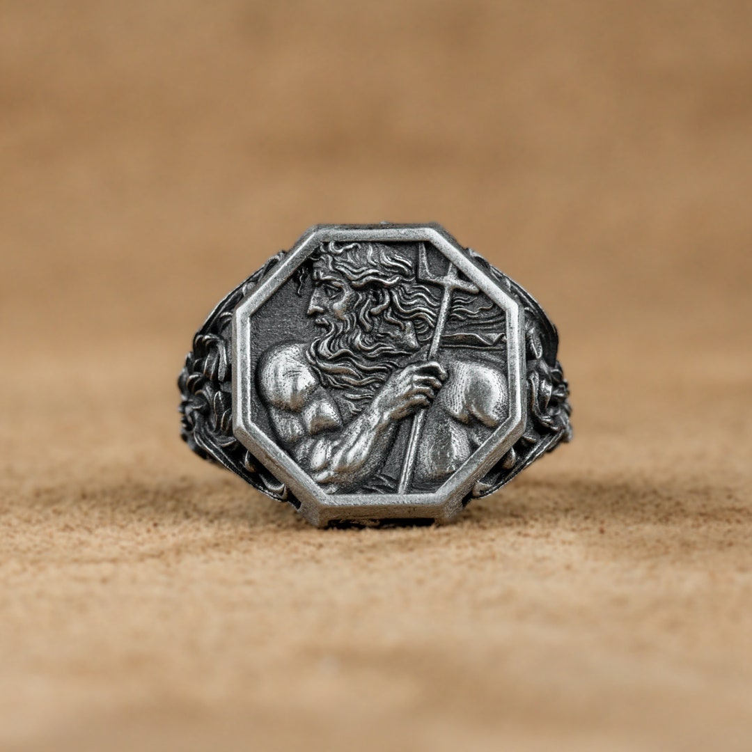 Poseidon Ring Silver Men Ring, Poseidon With Trident Ring, Sterling ...