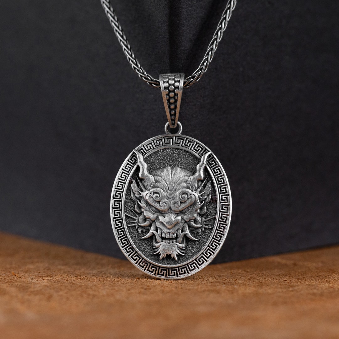 Oni Mask Personalized Pendant, Demon Oni Men Silver Necklace, Japanese ...