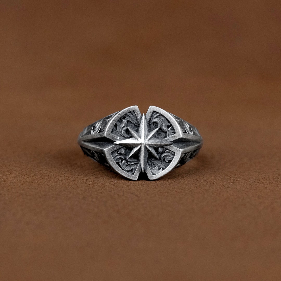 Compass Silver Ring, Windrose Star Compass Men Ring, Compass Traveler ...
