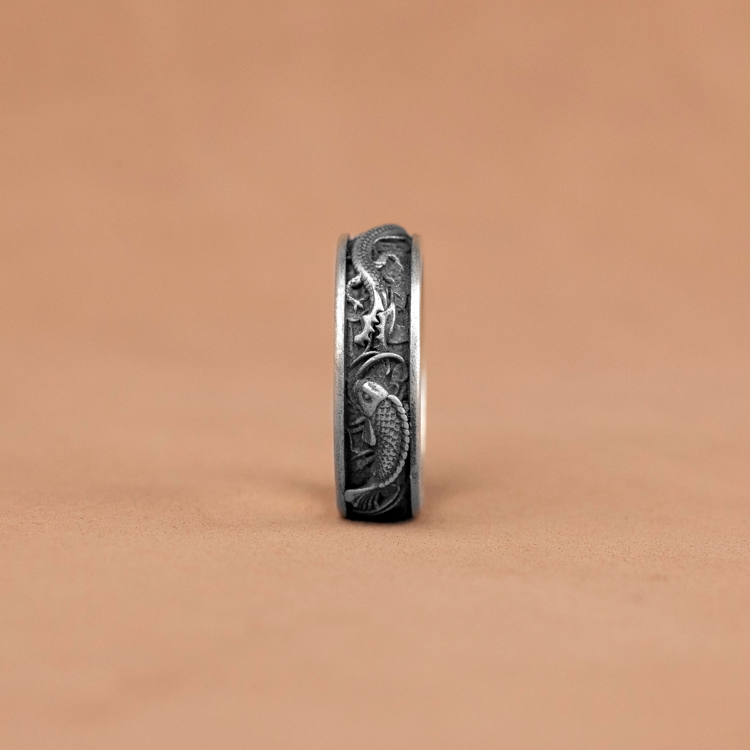Dragon Vs Koi Carp Fish Silver Band Ring, Japanes Traditional Wedding ...