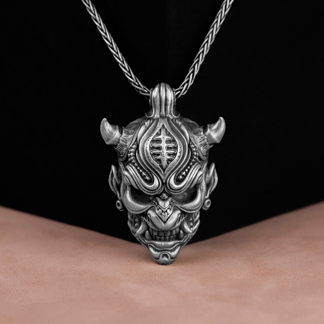 Oni Mask Silver Men Charm Pendant Necklace , Hannya Mask Necklace ...