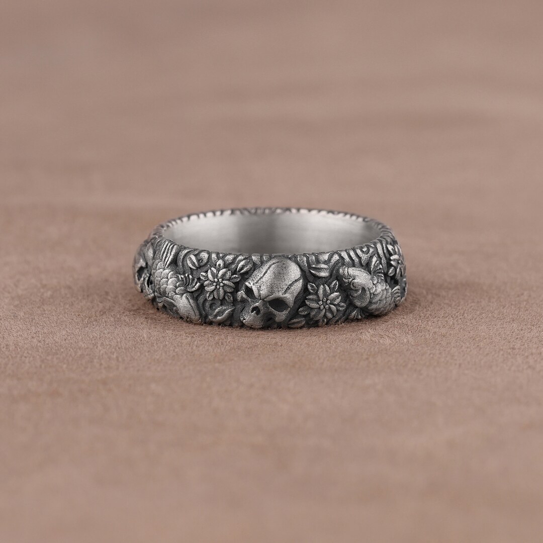 Koi Carp Flower Skull Wedding Ring, Japanese Wedding Band, Gothic and ...
