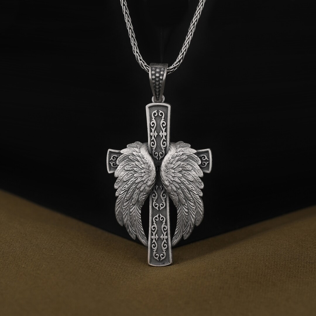 Religious Cross With Angel Wings Pendant, 925 Sterling Silver Christian ...