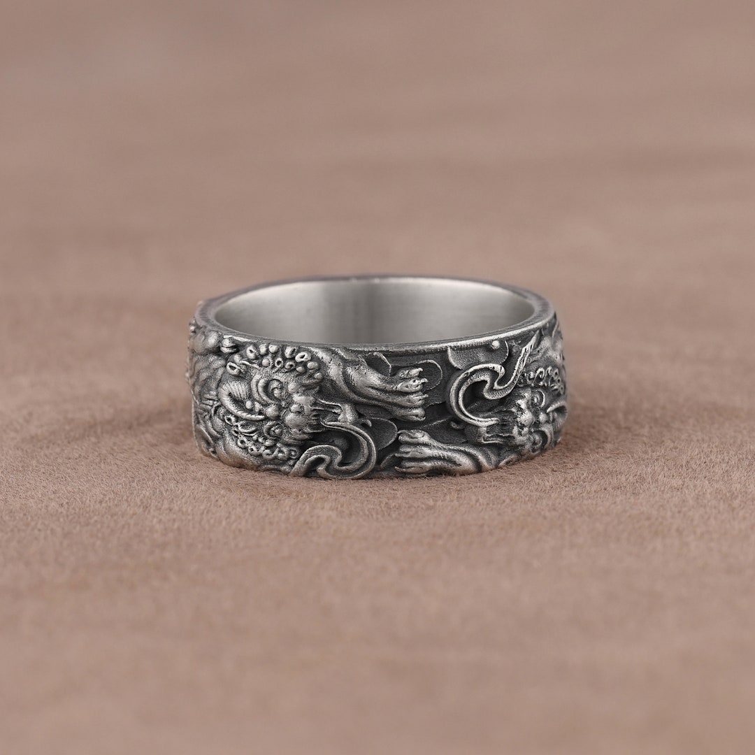 Chinese Tiger Band Ring, Traditional Ornament Ring, Handmade Sterling ...