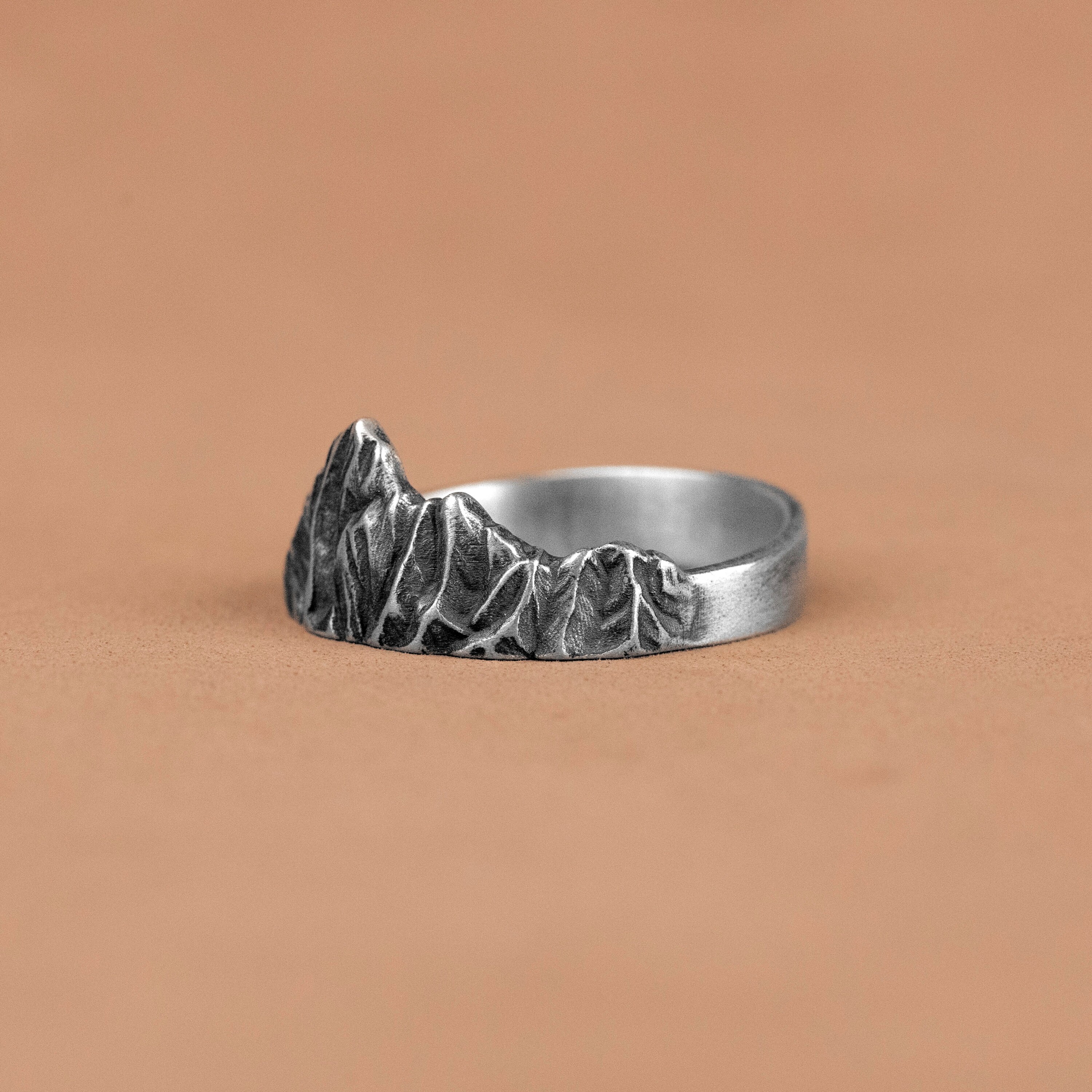 Silver Wedding Band Ring With Montain Shape, Oxidized Silver Travel ...
