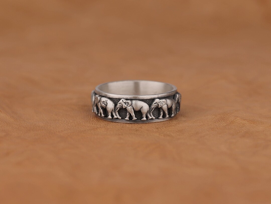 Hand Carved Flock of Elephant Ring, Unique Sterling Silver Engagement ...