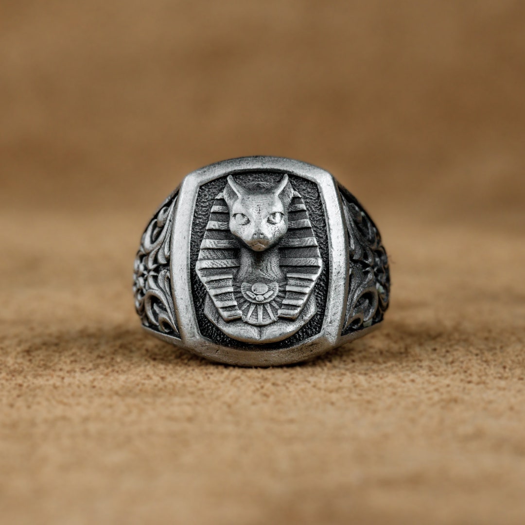 Custom Engraved Ancient Egyptian Bastet Cat Pinky Men Ring, Silver Bastet Men Ring, Daughter of ...
