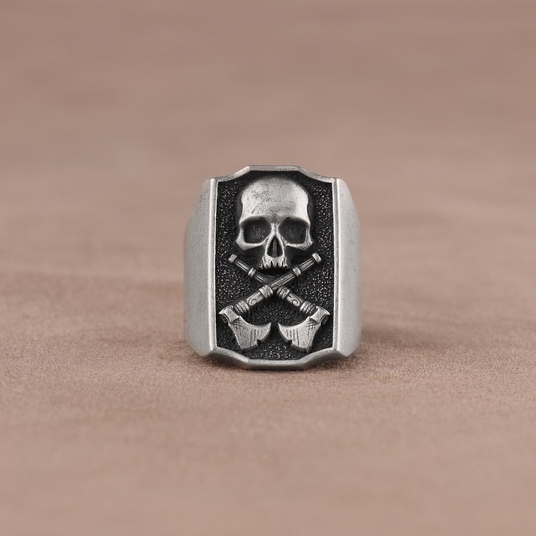 3D Skull and Axes Ring, Handmade Skull Ring, Gothic Skull Axes Silver ...