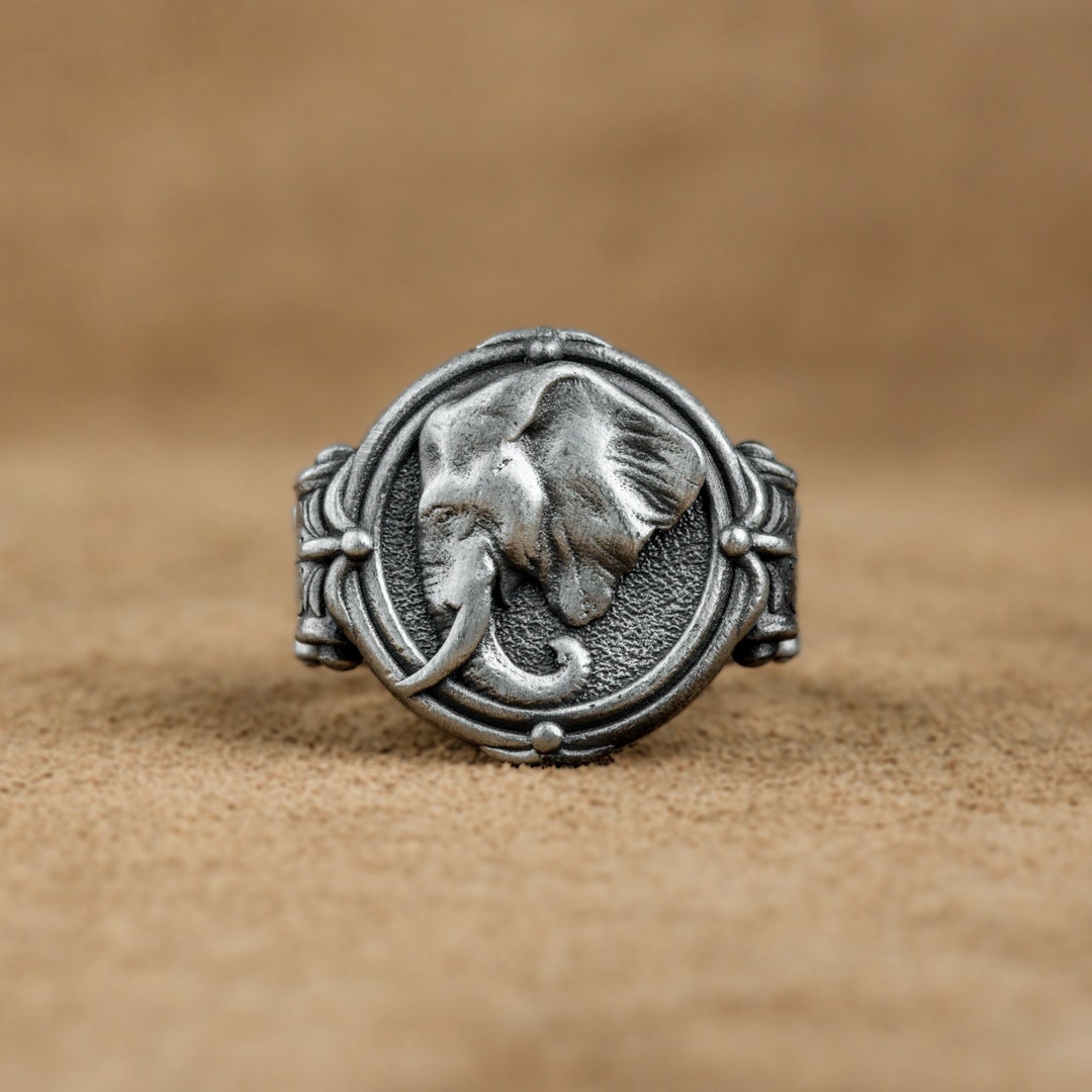 Elephant Silver Ring, Elephant Unique Signet Silver Men Ring, Nature ...
