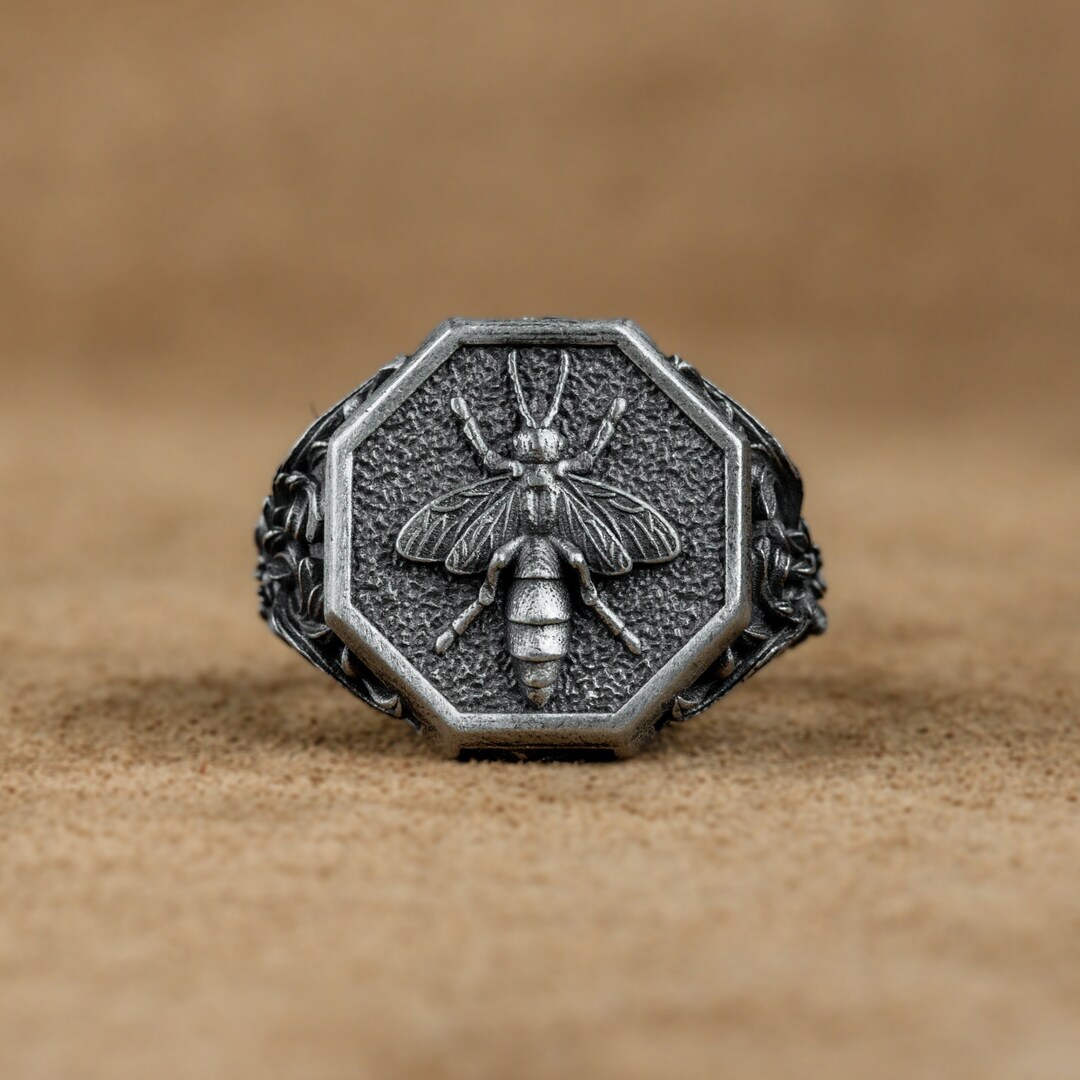Silver Bee Ring, Cute Honey Bee Men Ring, Unisex Geometric Signet ...