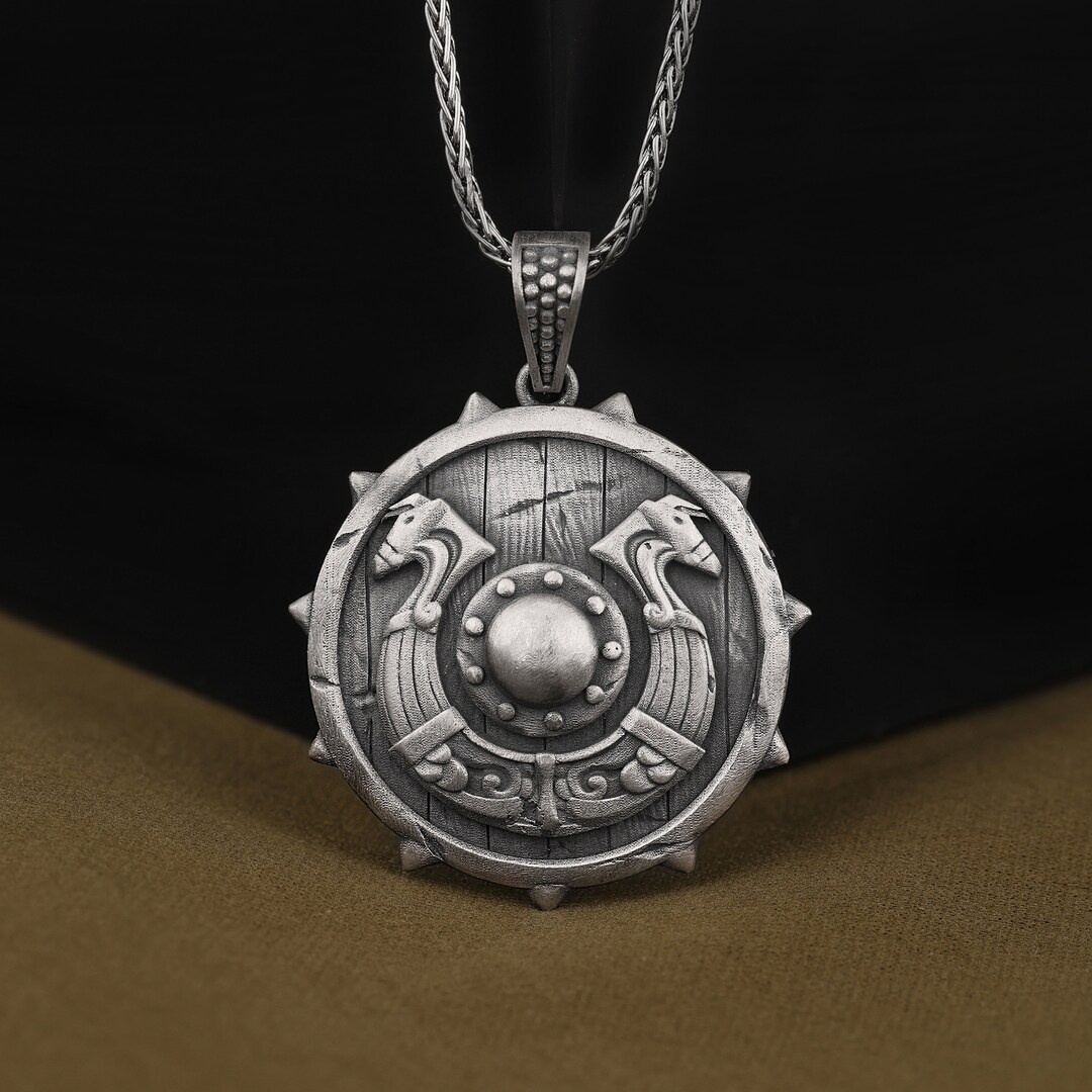 Viking Drakkar Motif Shield Medallion, 925 Sterling Silver Oxidized ...