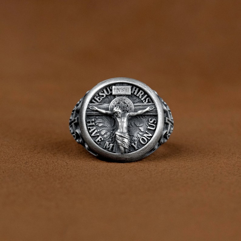 Jesus Christ Ring, Catholic Cross Signet Silver Ring, Oxidized Silver ...
