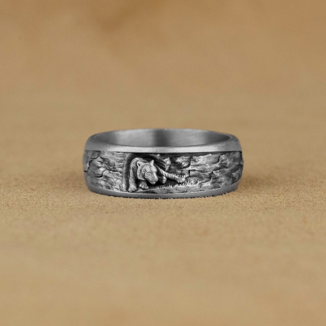 Engraved 3D Tiger Silver Band Ring, Wild Cat Ring for Men, Promise Ring ...