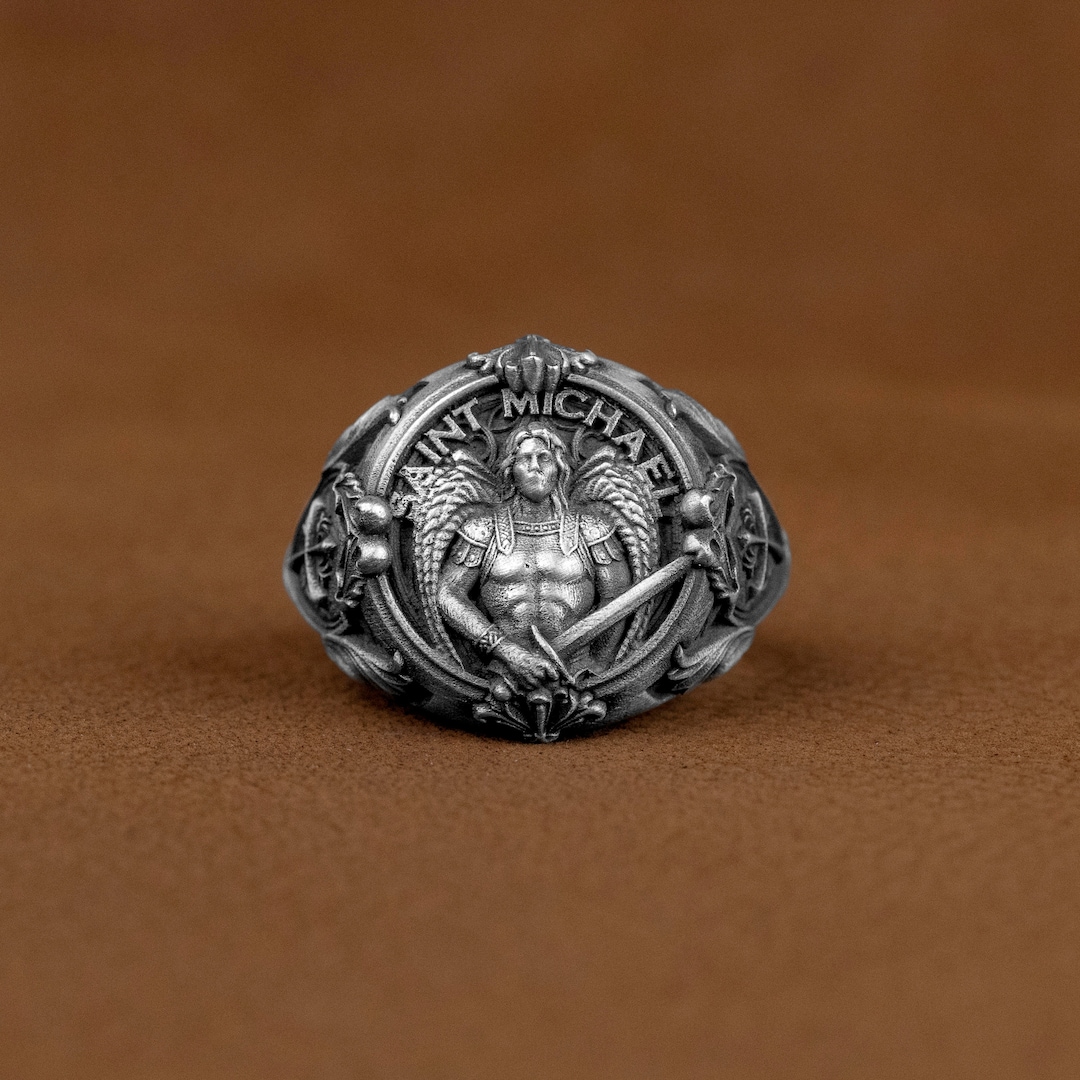 Saint Michael Archangel Silver Men Ring, Archangel With Shield and ...