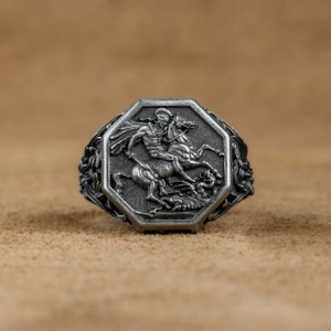 Saint George of Lydda Men Signet Ring, St George With Dragon Ring, St ...