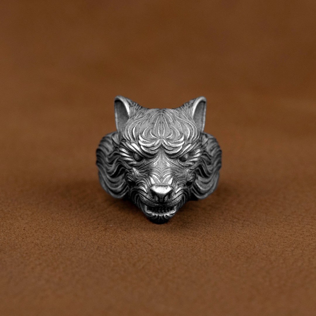 Silver Wolf Ring, Unique Style Angry Wolf Men Ring, Celtic Fenrir Wolf ...