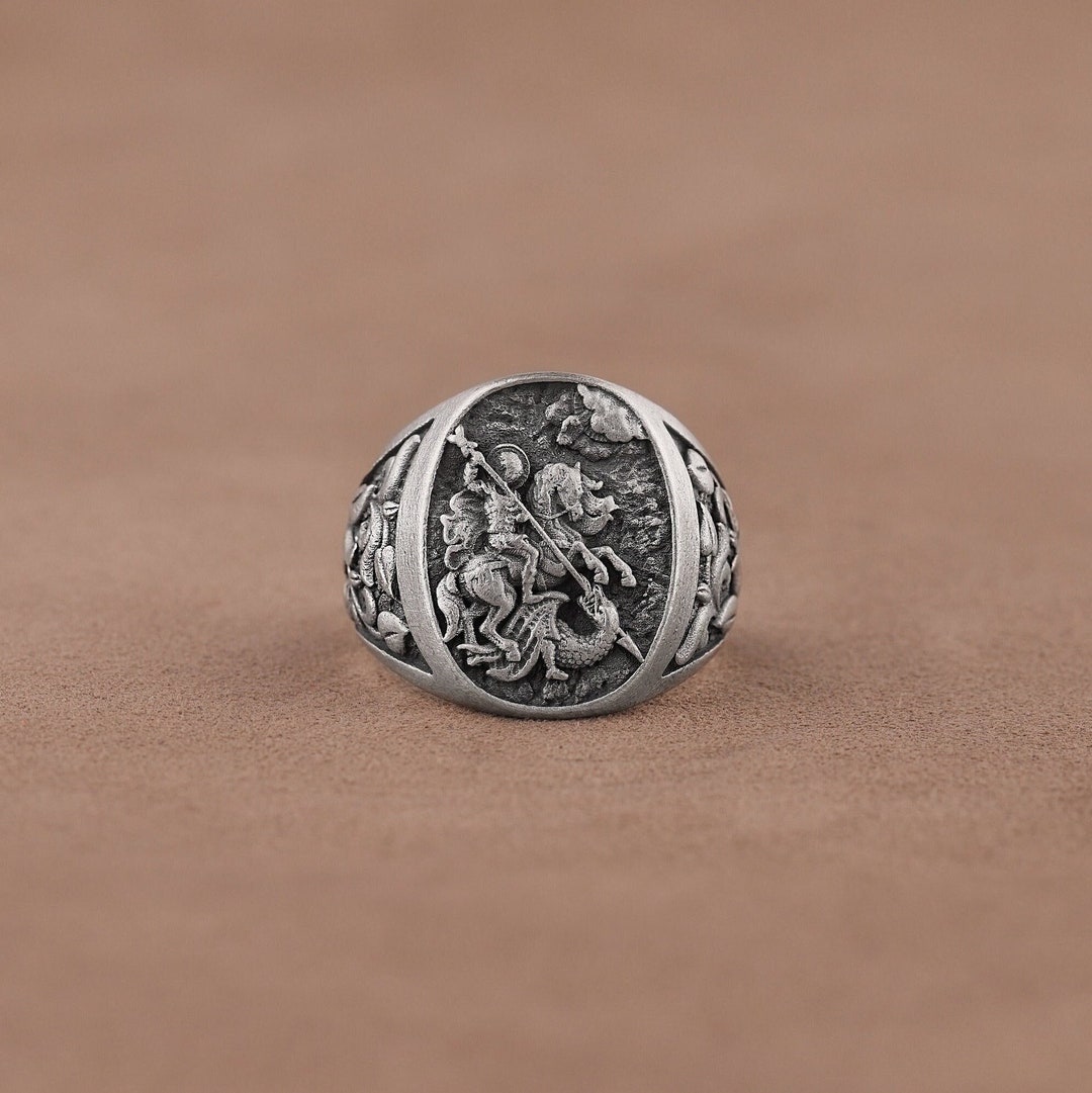 Saint George Defeating the Dragon Signet Ring, Oval Religious Ring, 925 ...