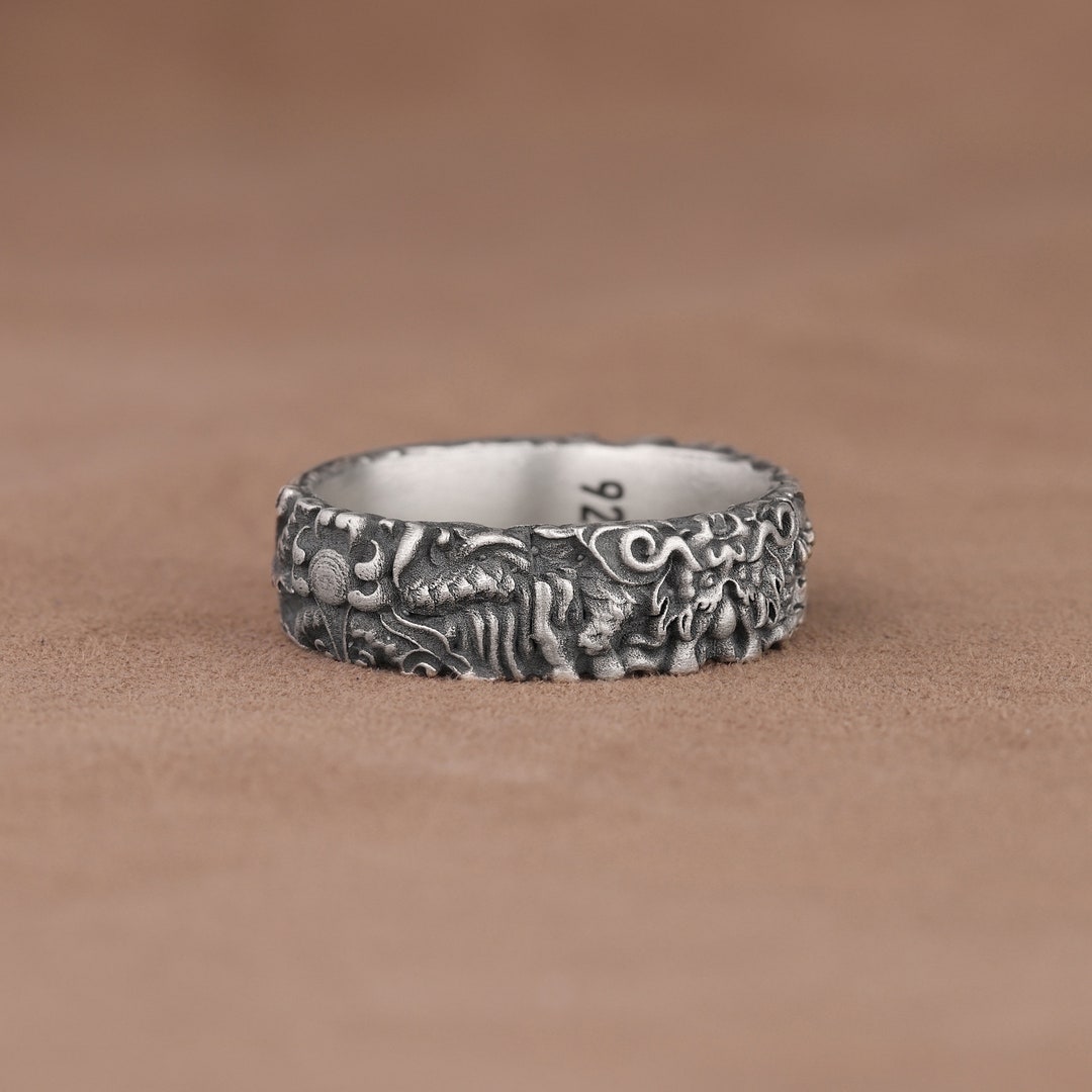 Oni Amanajoku Band Ring, Japanese Dragon Devil Engraved Ring for ...