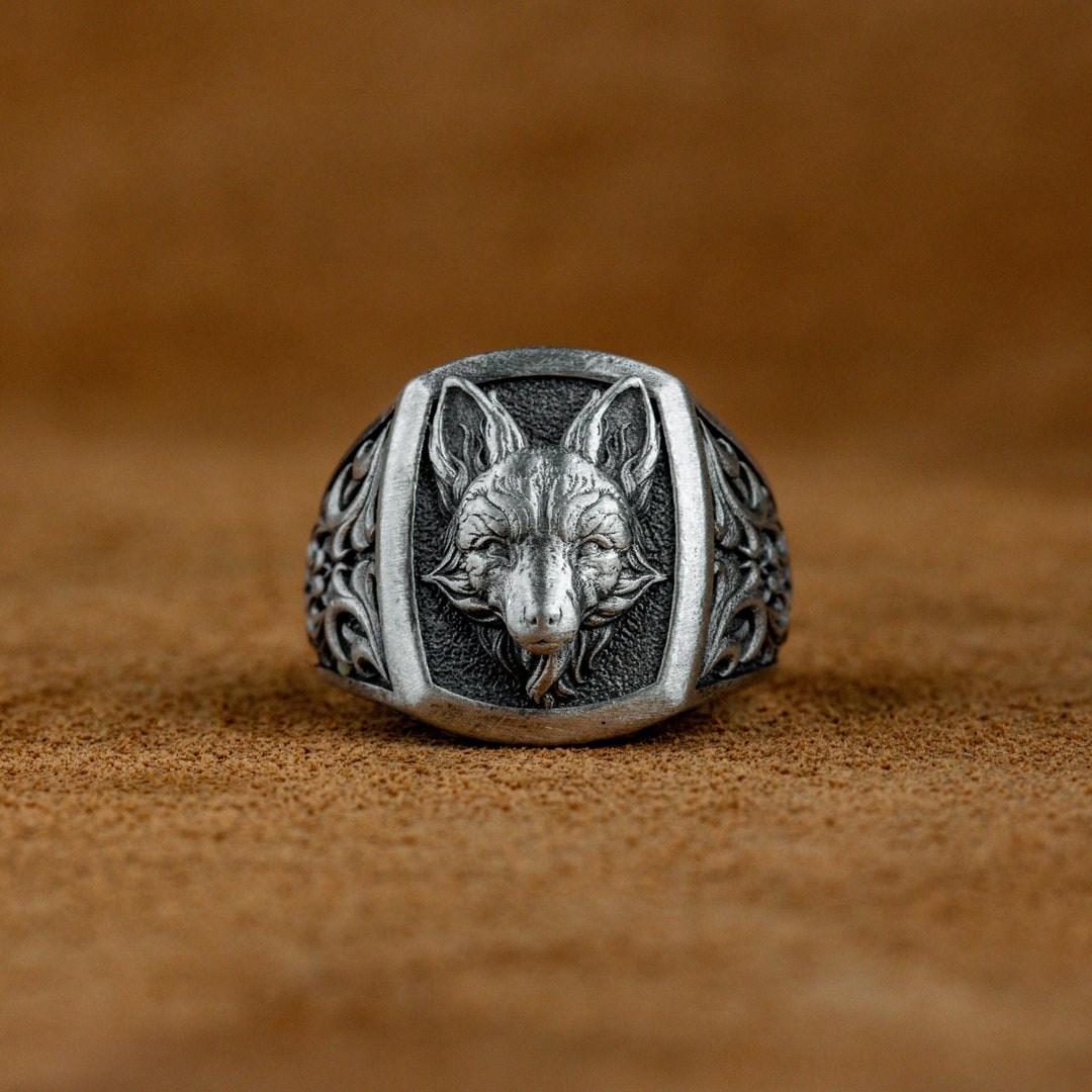 Silver Kitsune Fox Signet Men Ring, Japanese Mythology Men Ring ...