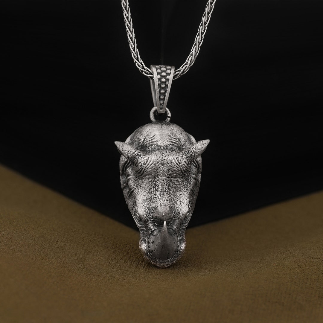 Rhino Head Necklace in Sterling Silver, Oxidized Animal Pendant, 3D African Wild Animal Pendant ...