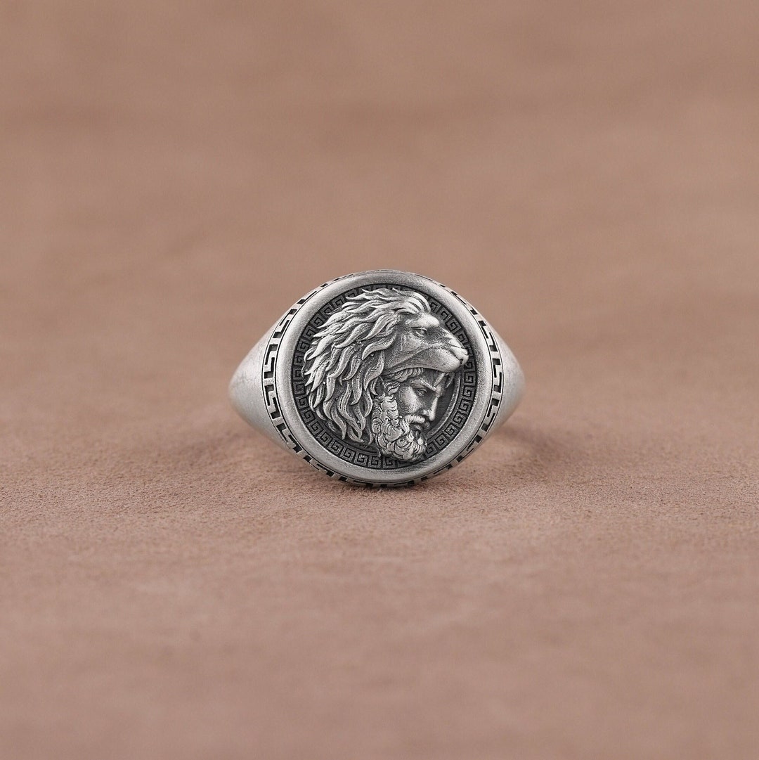 Hercules and Nemean Lion Pinky Ring, Greek Pattern Intaglio Sterling ...