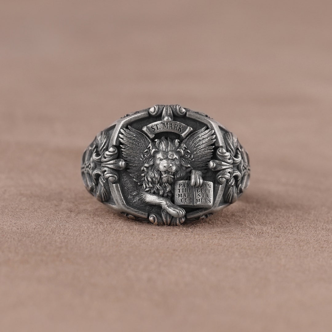 Saint Mark Lion Ring, Evangelist Lion Cross Pattern Signet Ring, 925 ...