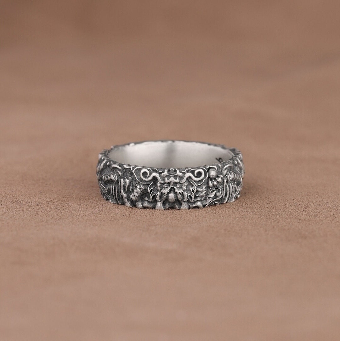 Oni Amanajoku Band Ring, Japanese Dragon Devil Engraved Ring for ...