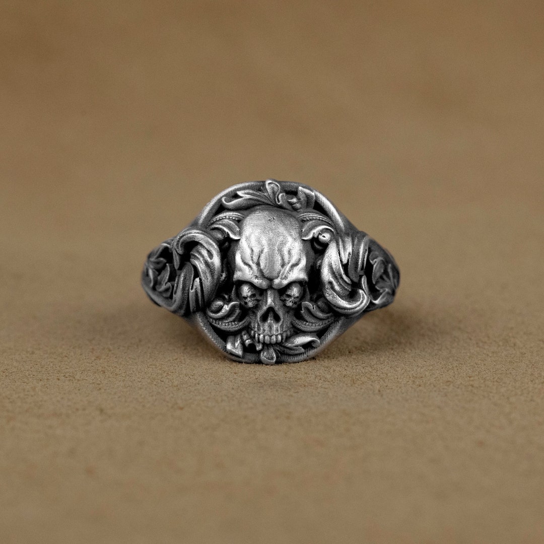 Silver Biker Men Rİng, Antique Style Biker Gothic Skull Silver Ring ...
