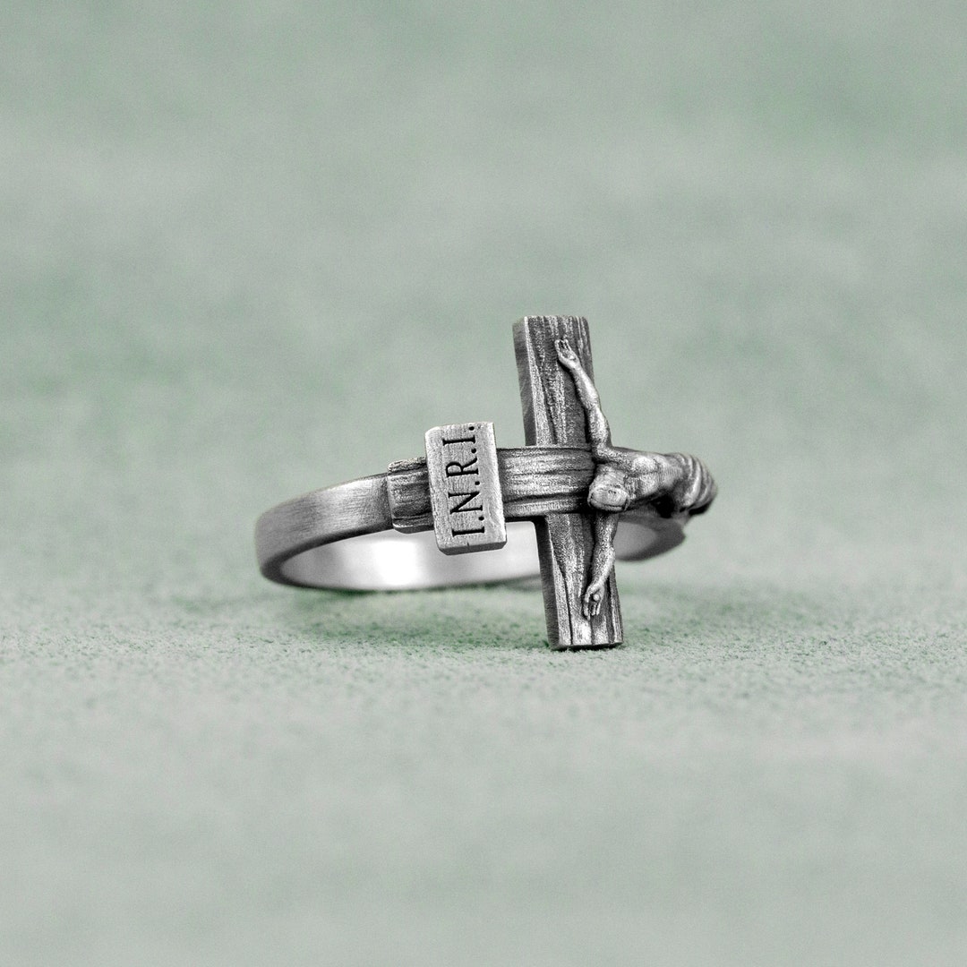 Crucifix Silver Men Ring, Jesus Christ Crucifix Cross Religious Band ...