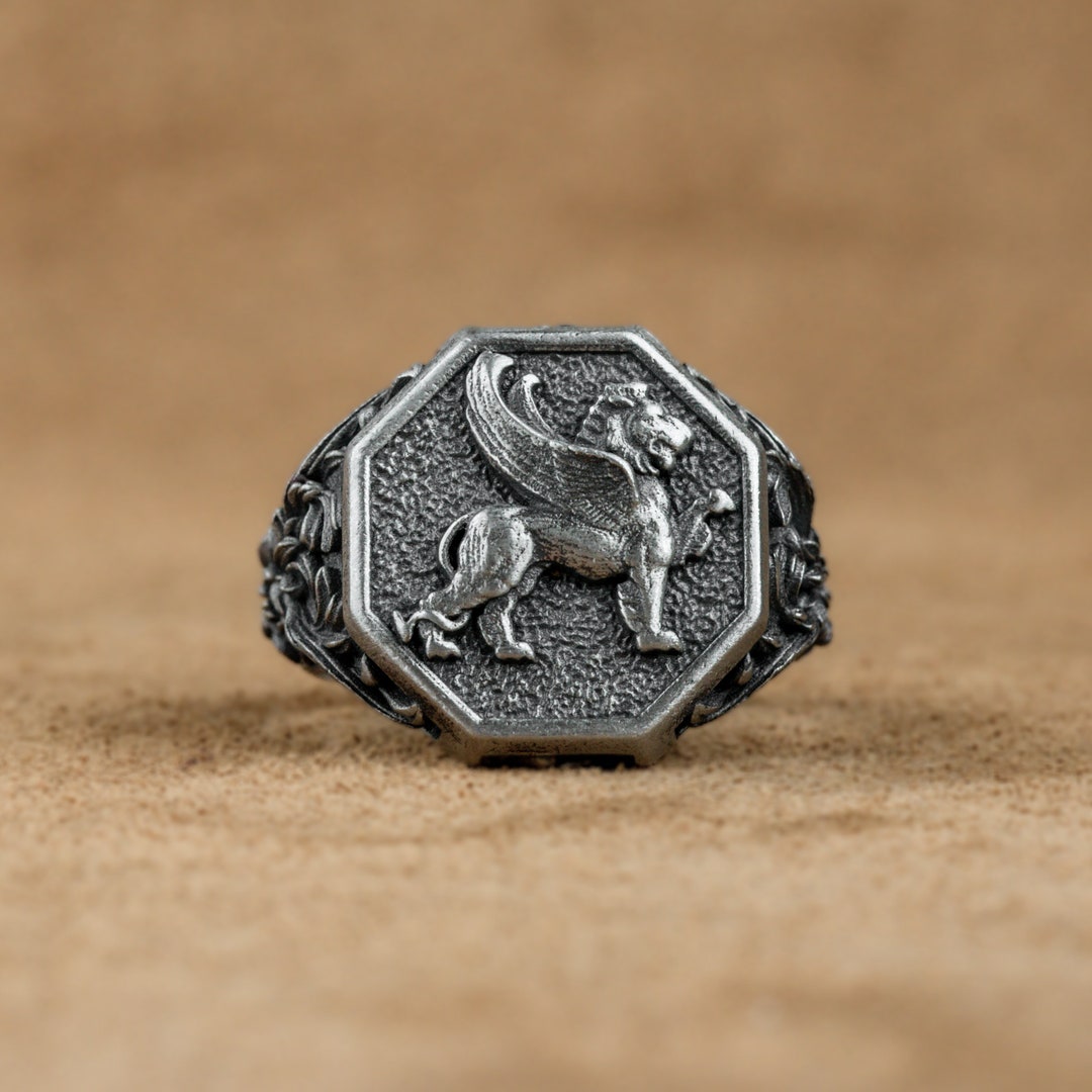 Antique Griffin Signet Silver Men Ring, Wedding Men Ring, Gryphon Men ...