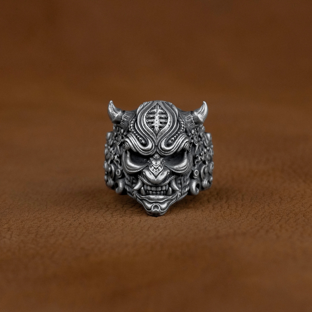 Japanese Hannya Mask Statement Ring, Handmade Sterling Silver Intricate ...