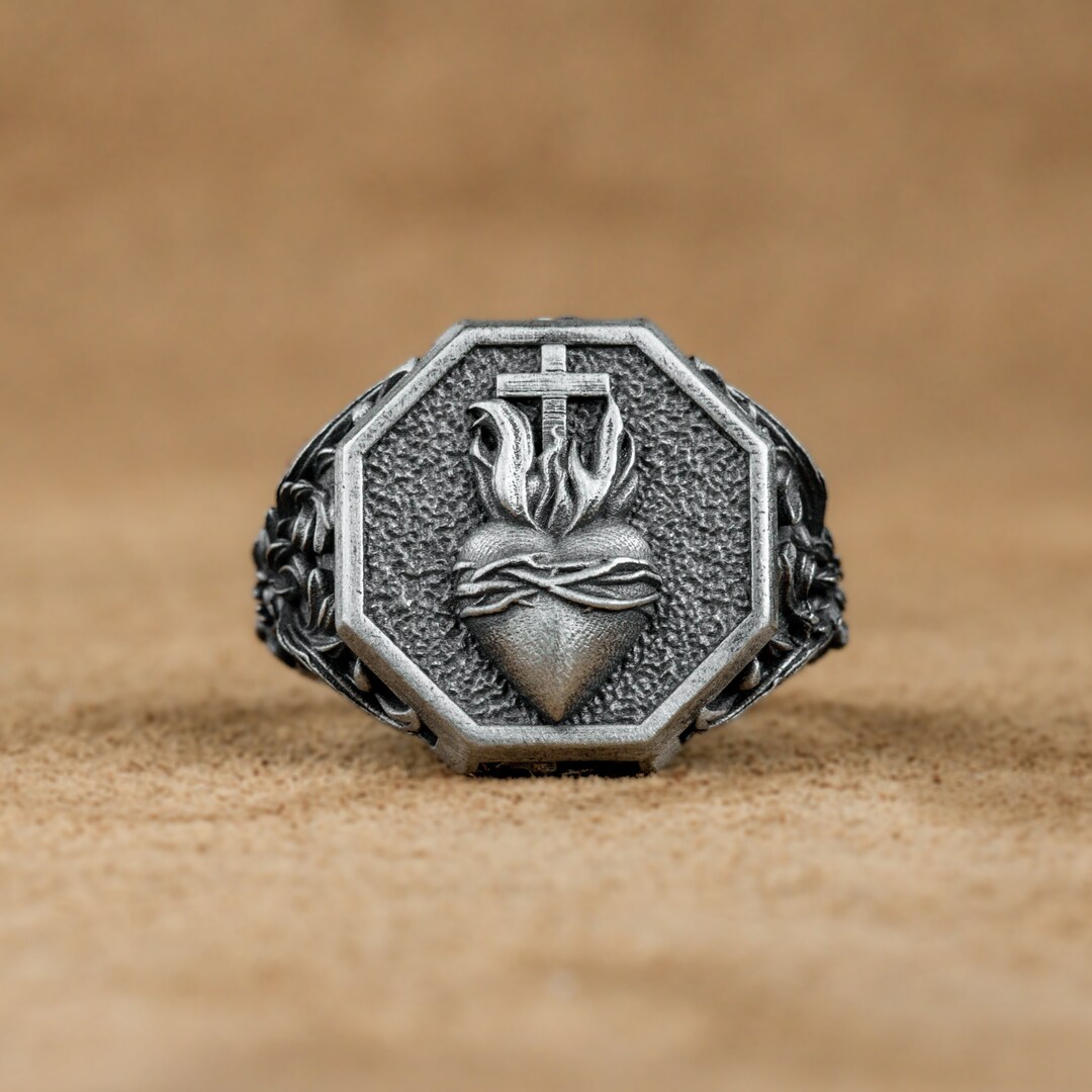 Secred Heart Silver Ring, Christian Sacred Heart Signet Ring With Cross ...