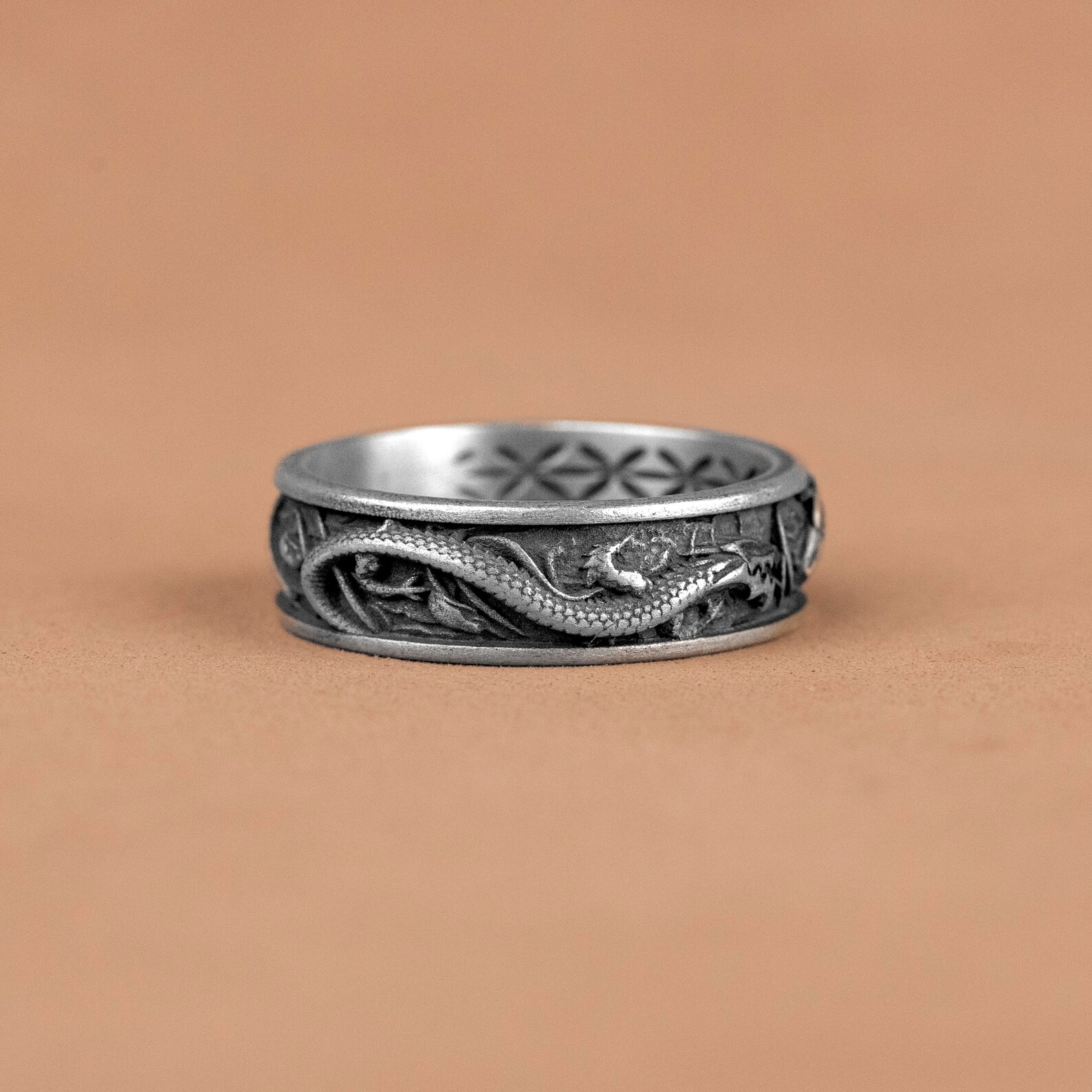 Dragon Vs Koi Carp Fish Silver Band Ring, Japanes Traditional Wedding ...