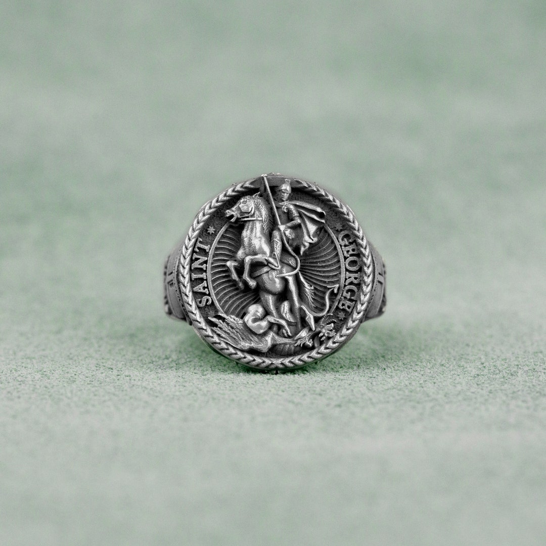 Silver Saint George Men Ring, St George and the Dragon Men Ring, Round ...