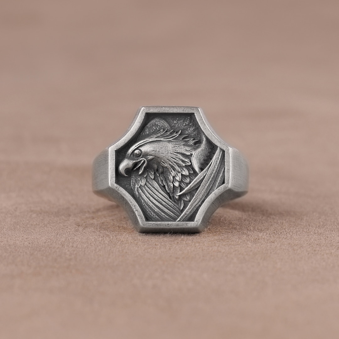 Winged Eagle Oxidized Ring, 925K Sterling Silver Eagle Head Ring ...