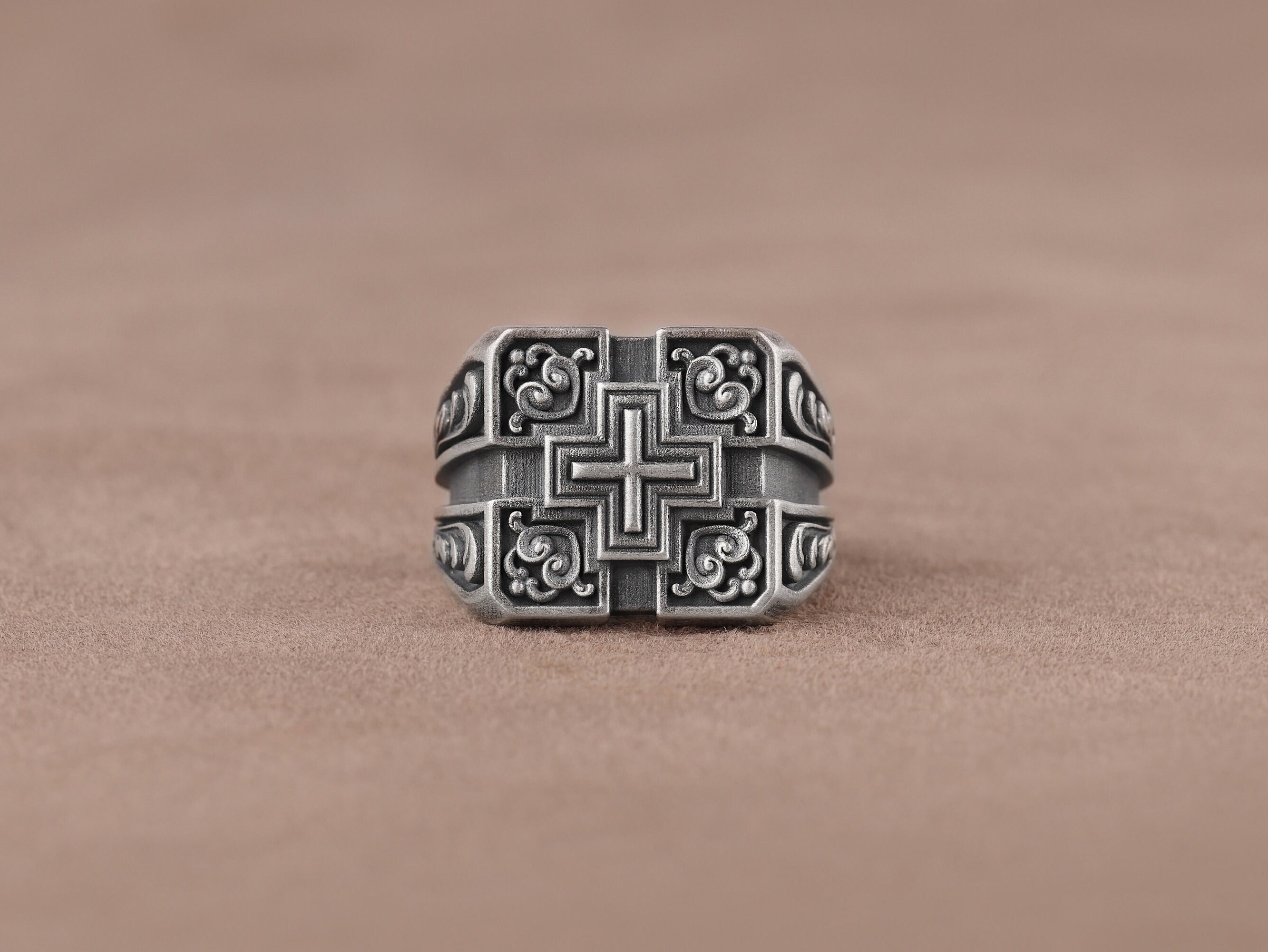 Square Cross Sterling Silver Ring Maltese Cross Floral Signet - Etsy